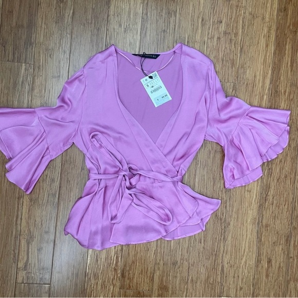 Zara | Tops | Zara Pink Ruffle Sleeve Wrap Top | Poshmark